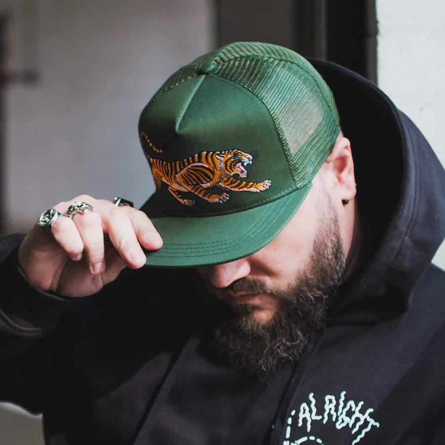 Tiger Trucker Hat with Snapback Tattoo-Style Spruce Green - Stuntin Goods