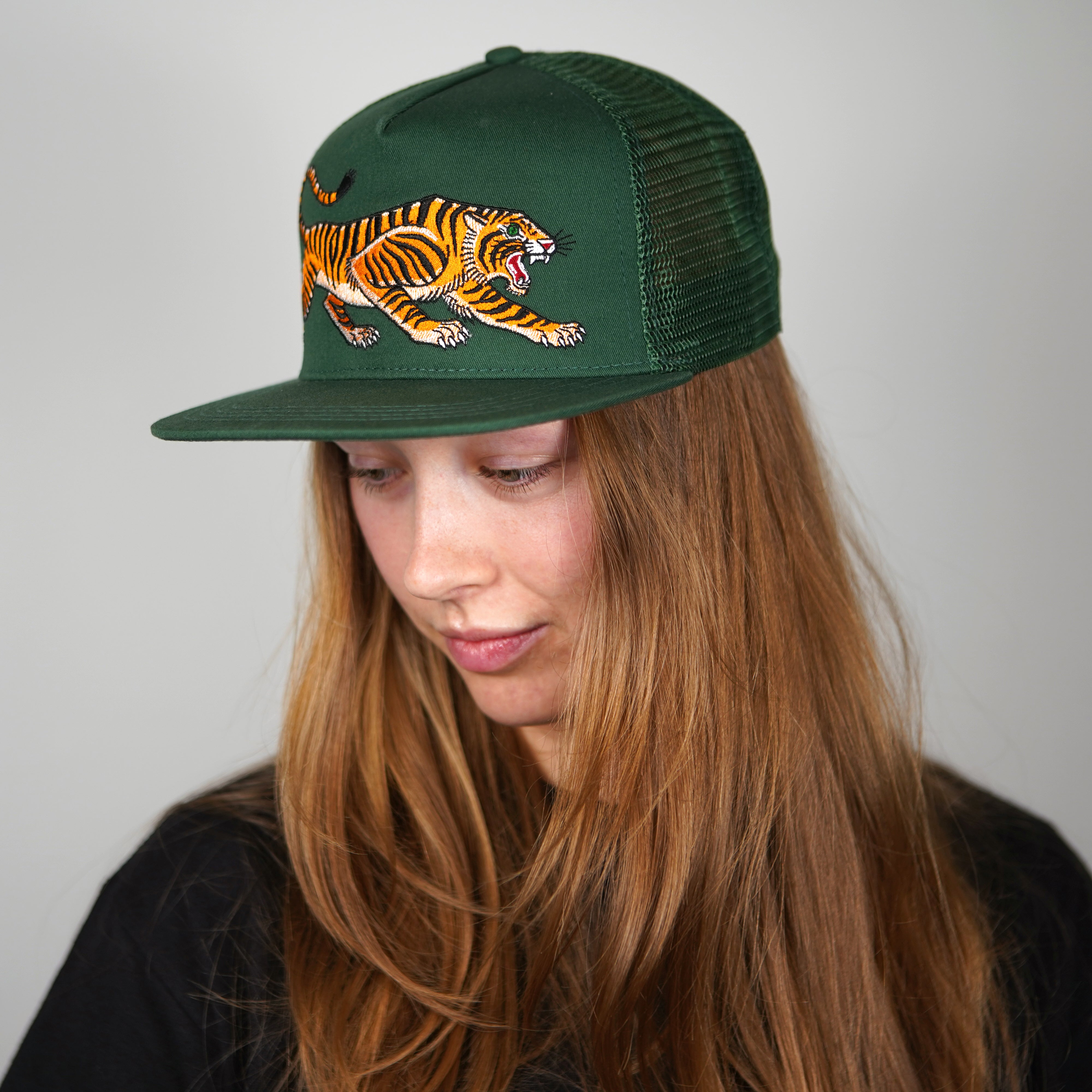 Tiger Trucker Hat with Snapback Tattoo-Style Spruce Green - Stuntin Goods