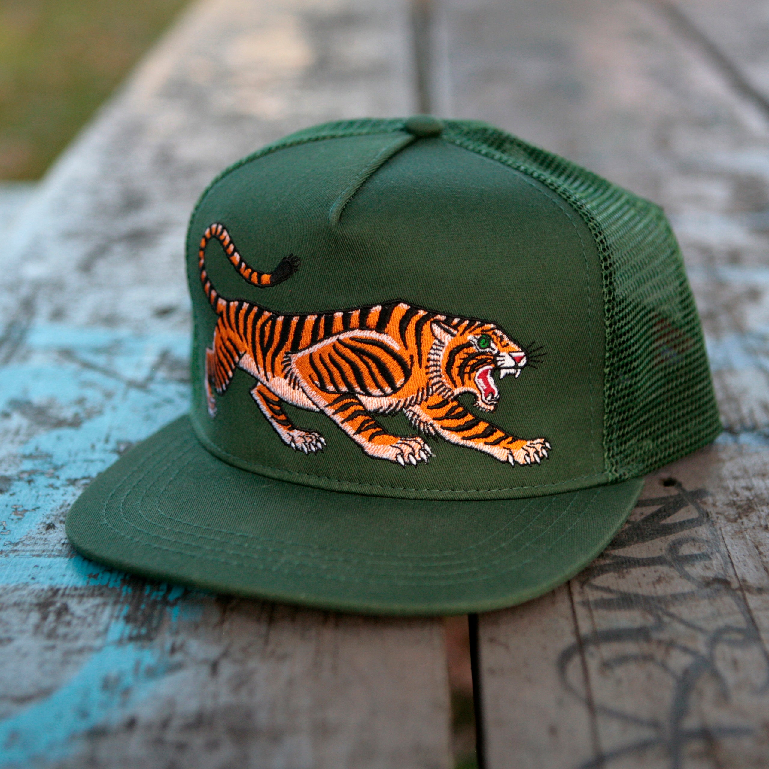 Tiger Trucker Hat with Snapback Tattoo-Style Spruce Green - Stuntin Goods